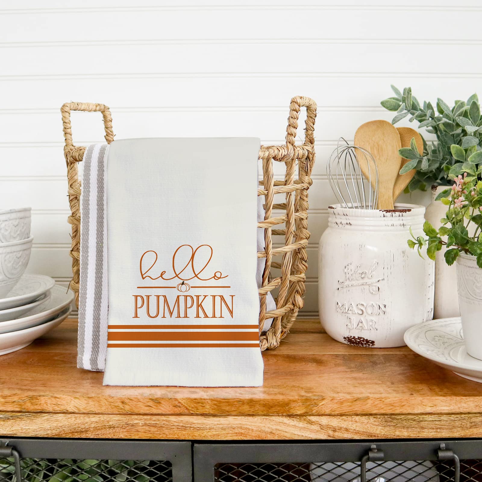 AnyDesign Fall Kitchen Dish Towel 18 x 28 Inch Hello Pumpkin Thanksgiving Harvest Tea Towel Autumn Orange White Dishcloth Rustic Farmhouse Hand Drying Cloth Towel for Kitchen Cooking Baking, 2 Pack