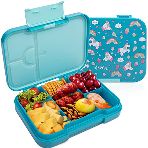 Cheryl Bento Box for Kids 27 oz, Bento Lunch Box Kids with 6-Compartment, Lunch Containers for Kids Daycare, Inner Removable Compartment Tray Dishwasher Safe, Microwave Safe - Blue Unicorn