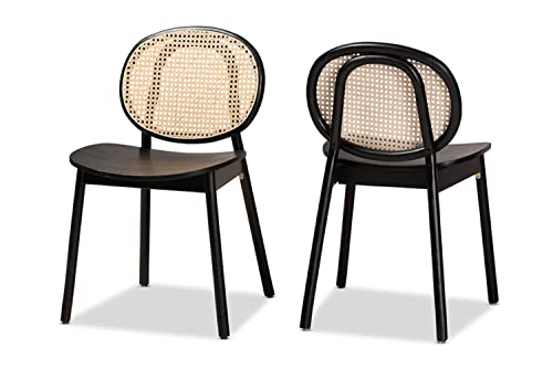 Baxton Studio Halen Mid-Century Modern Brown Woven Rattan and Black Wood Finished 2-Piece Cane Dining Chair Set