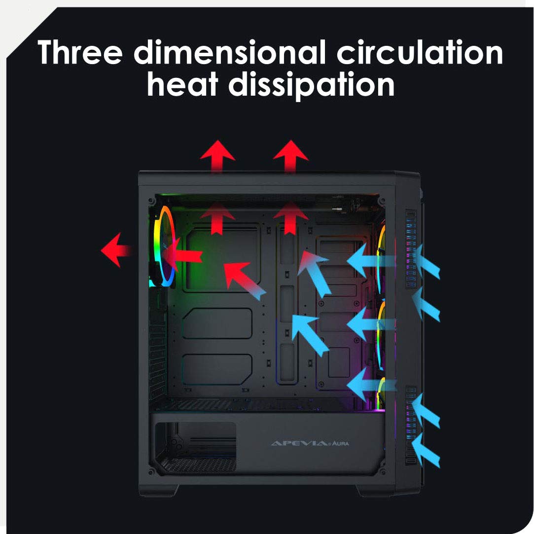 Apevia Aura-S-BK Mid Tower Gaming Case with 2 x Full-Size Tempered Glass Panel, Top USB3.0/USB2.0/Audio Ports, 4 x RGB Fans, Black Frame