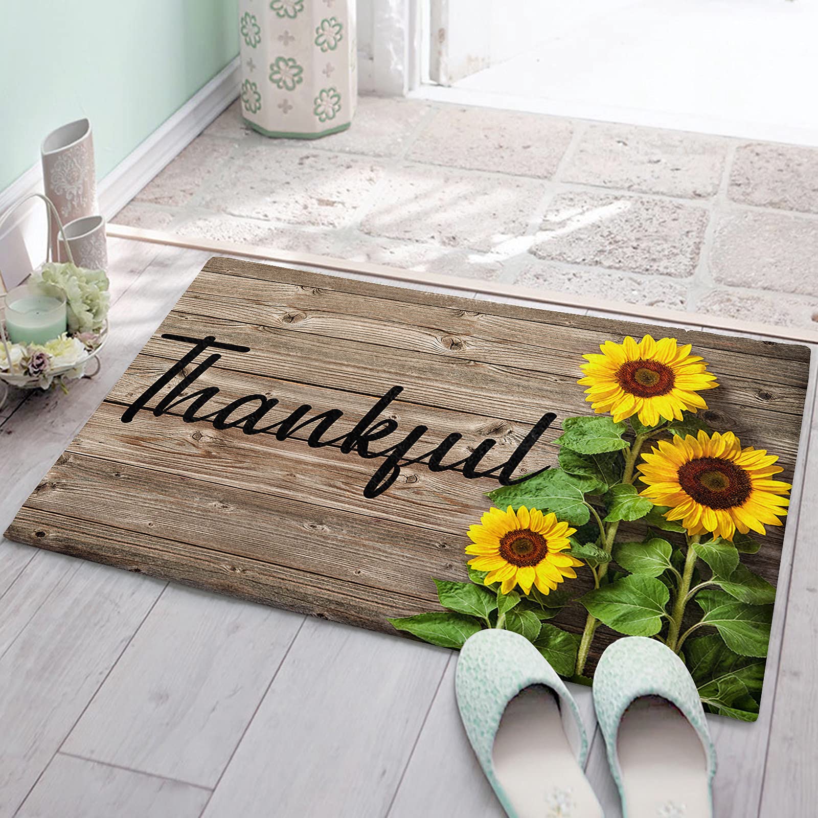 Bathroom Rugs Farmhouse Wood Grain Sunflower Positive Sayings Indoor Doormat Bath Rugs Non Slip, Washable Cover Floor Rug Absorbent Carpets Floor Mat Home Decor for Kitchen (16x24)