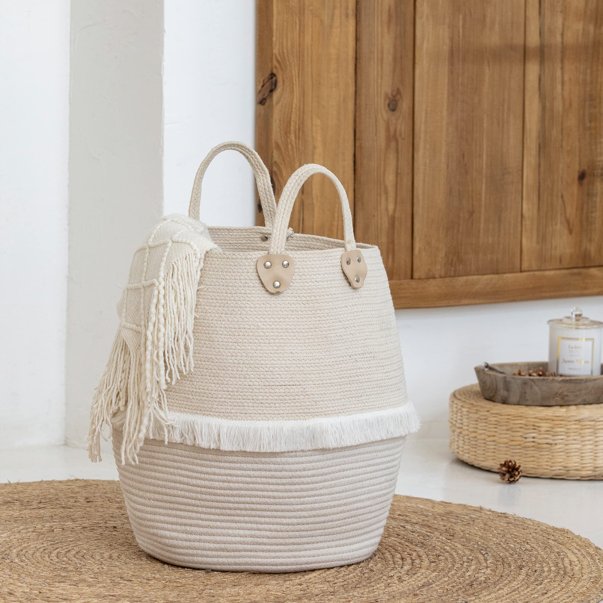 Rope Basket Woven Storage Basket - Laundry Basket Large 16 x 15 x 12 Inches Cotton Blanket Organizer, Baby Nursery Containers White Home Decor Gift