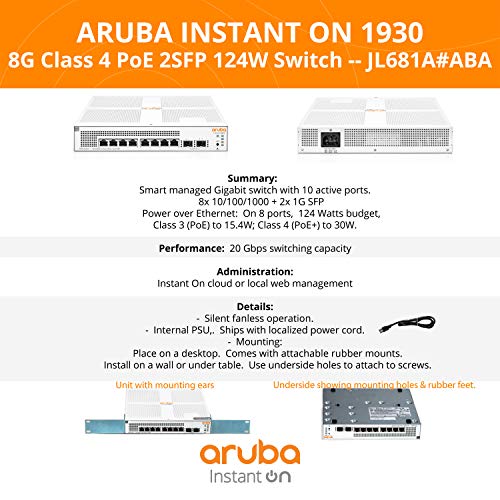 Aruba a Hewlett Packard Enterprise company HPE Networking 1930 8-Port Gb Smart-Managed Layer 2+ Ethernet Switch with PoE | 8X 1G | 2X SFP | 8X CL4 PoE 124W | US Cord (JL681A#ABA)