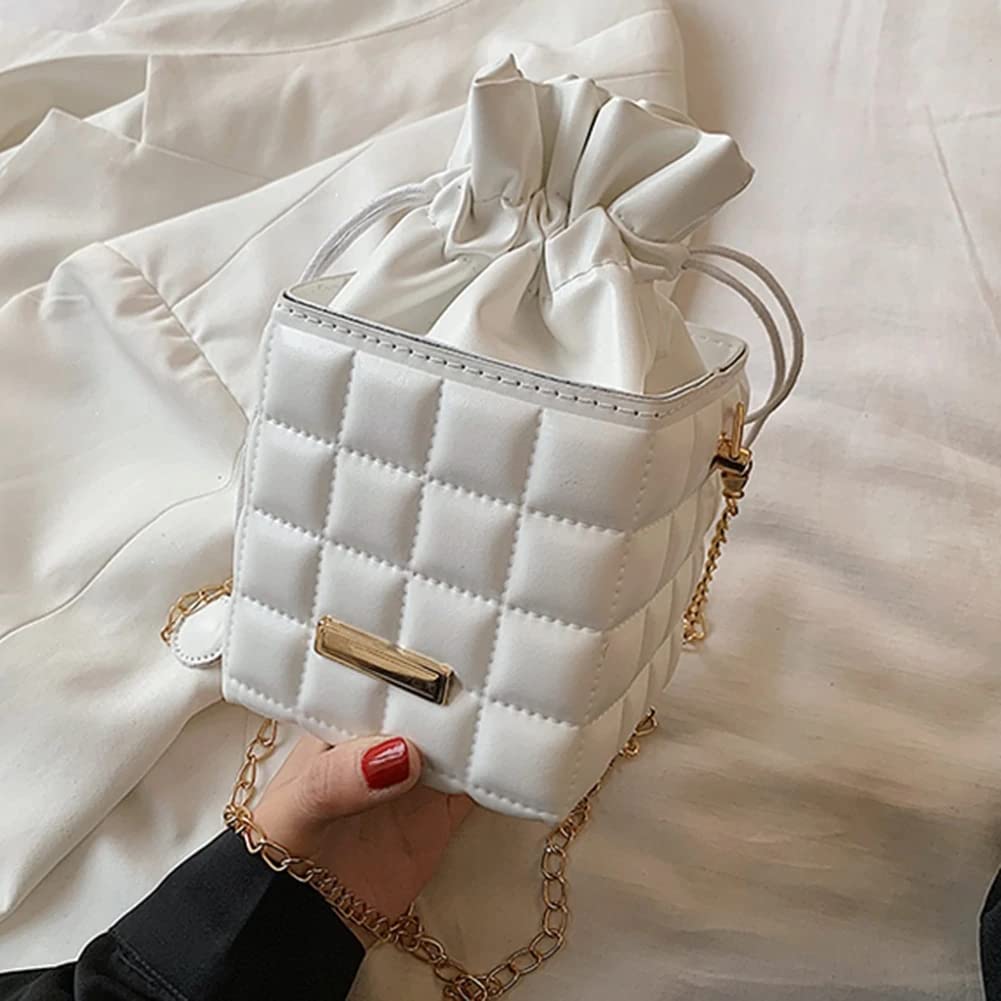 Box Bag Mini Box-Shaped PU Leather Crossbody Bag Solid Color Square Ladies Crossbody Bag Drawstring Pouche - Chain Crossbody Bag (White)