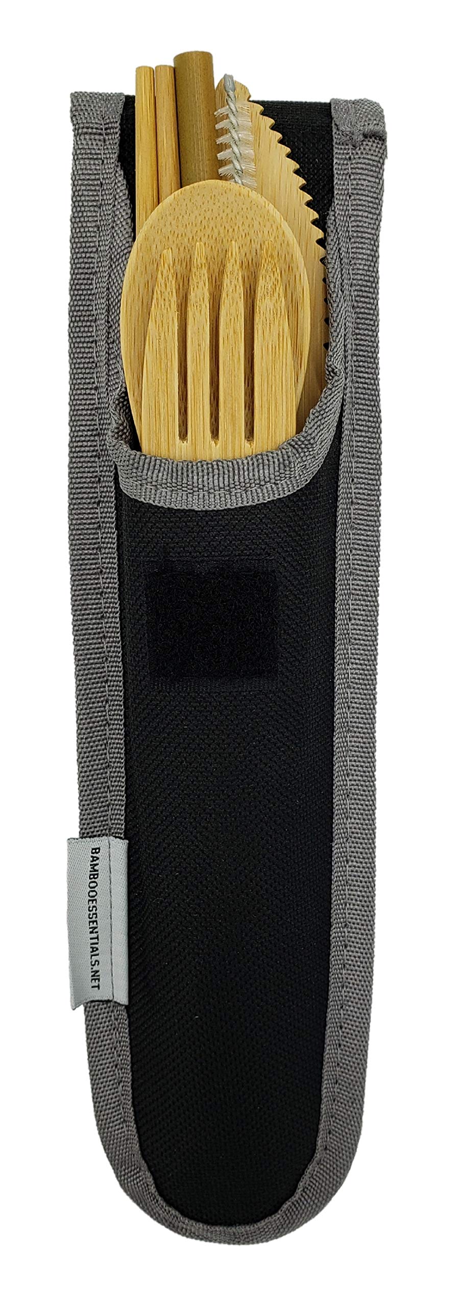 Bamboo Travel Utensil Set | Bamboo Fork, Knife, Spoon, Chopsticks, Straw, Straw-cleaning brush, Travel Pouch and Carabiner | Excellent For Everyday Use! ((1Set) Midnight Black)