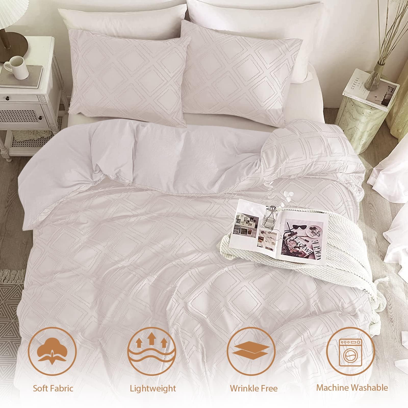 MUXHOMO Duvet Cover Queen Size - Beige Tufted Duvet Cover Set, Ultra Soft Boho Texture Bedding Set of 3 Pieces (1 Comforter Cover + 2 Pillowcases) with Double-Zipper Closure