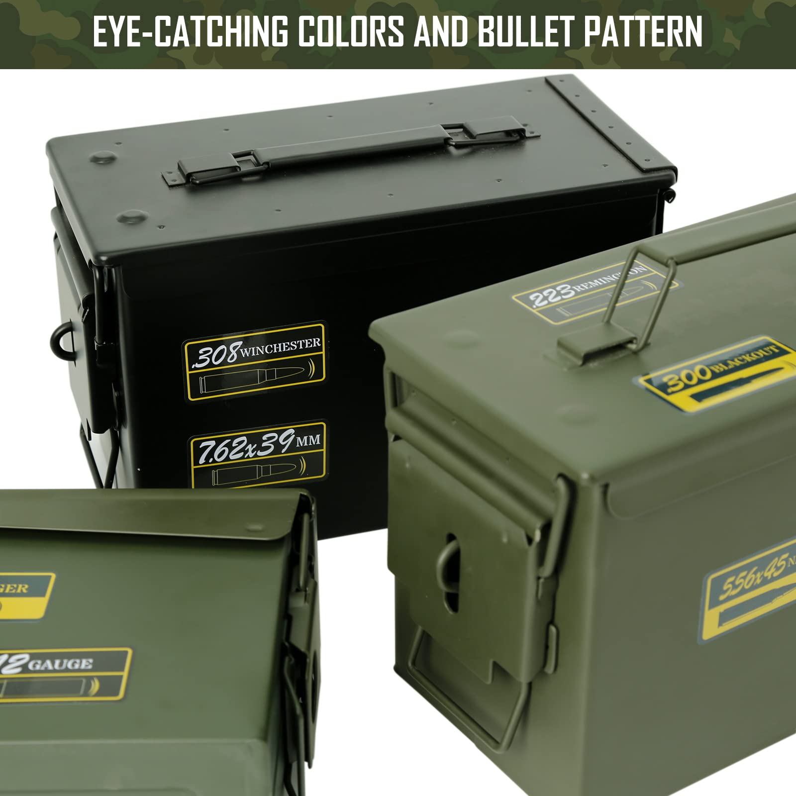 Aolamegs Pistol Ammo Can Sticker Set - .22 LR .45 AUTO 9MM Luger .357 Mag .40 S&W .380 AUTO Ammo Caliber Sticker, Black Bullet Pattern Vinyl Decal Ammo Can Labels for Box Case(6 Varieties/30 Pack)