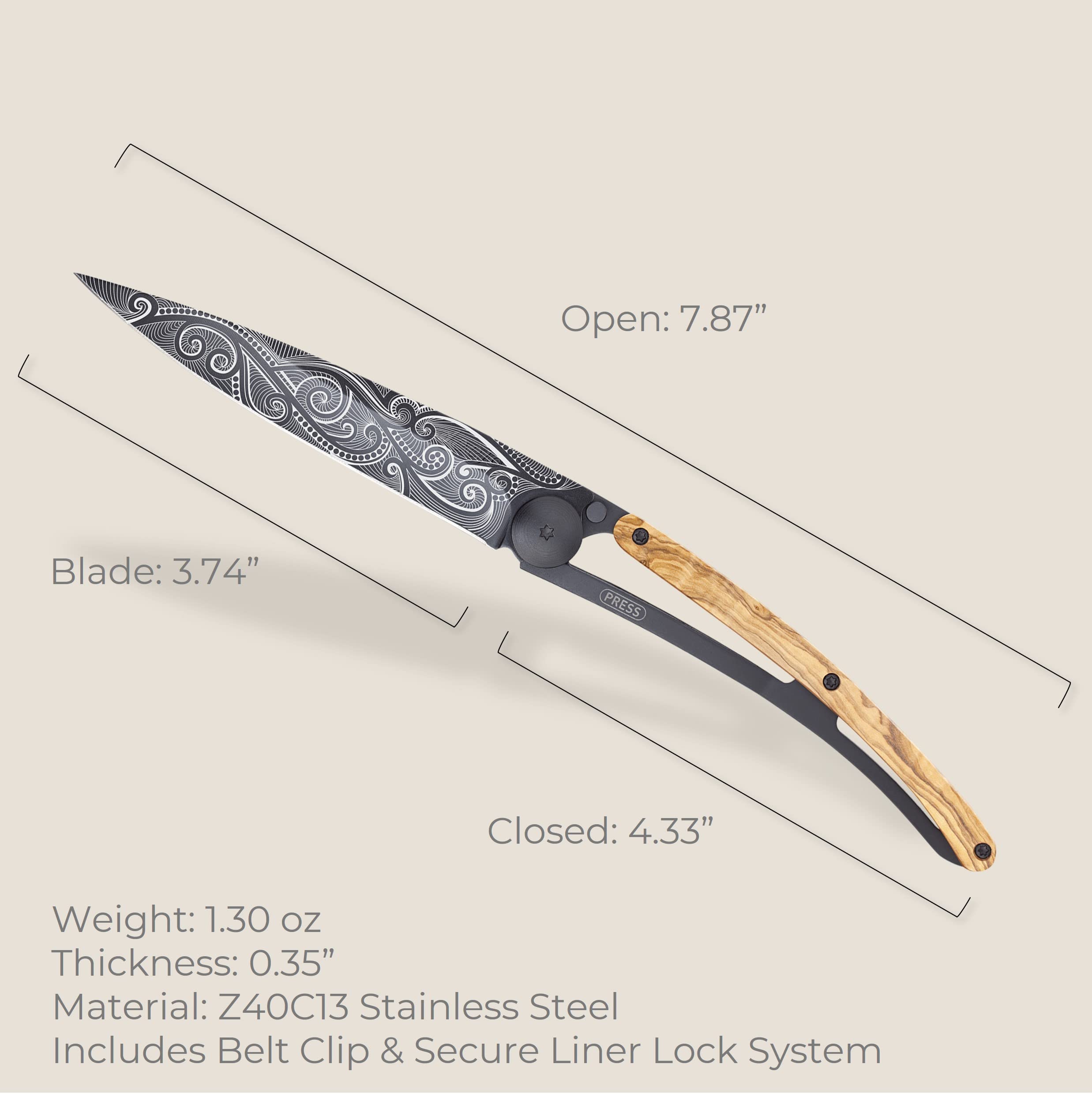 deejo - Serrated 1.3 OZ, Olive Wood, Black Titanium, Pacific - Ultra-Light Pocket Folding Knife with a Belt Clip - Stainless Steel Z40C13