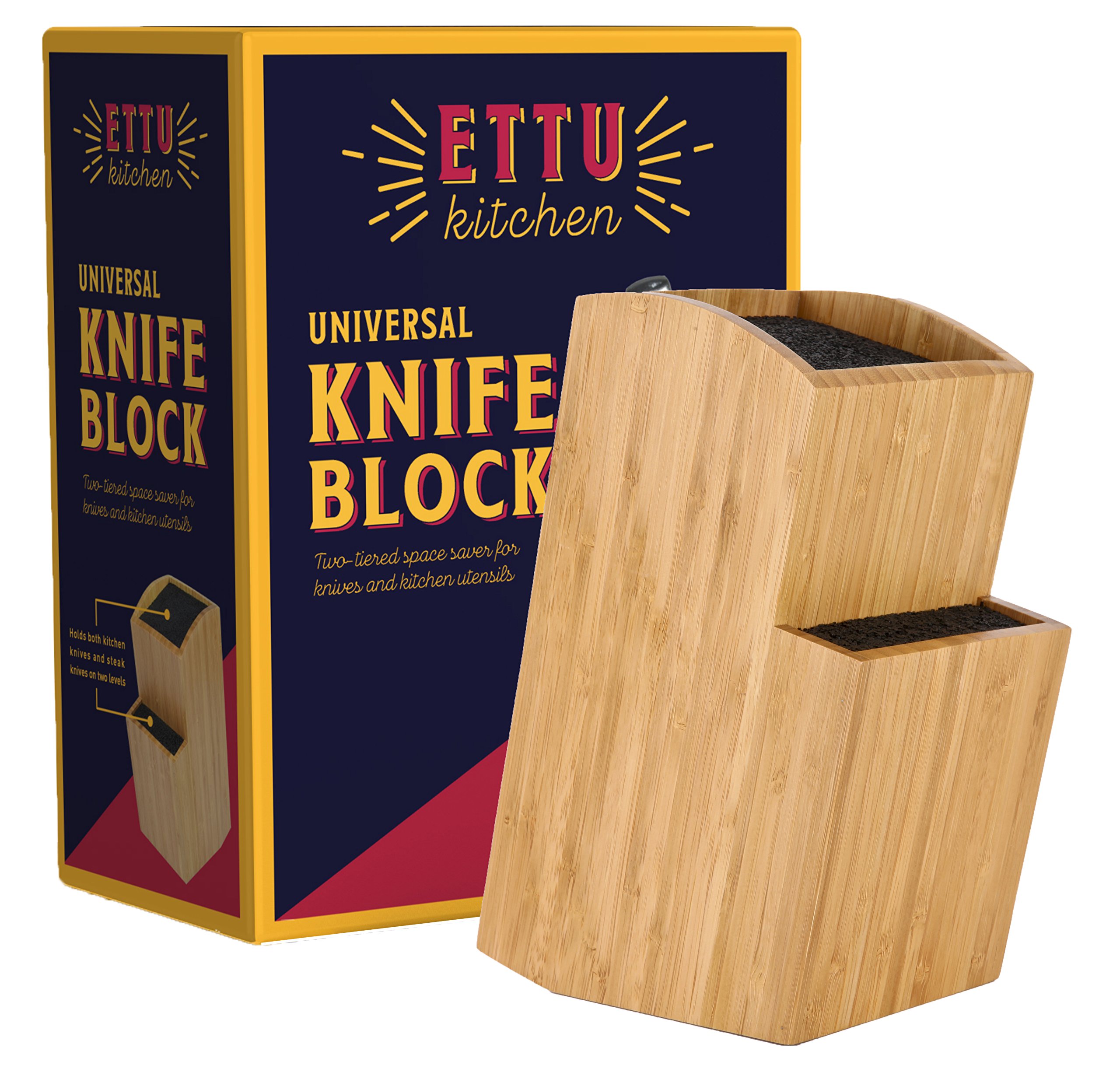 Bamboo Universal Knife Block - Extra Large Two-tiered Slotless Wooden Knife Stand, Organizer & Holder - Convenient Safe Storage for Large & Small Knives & Utensils - Easy to Clean Removable Bristles