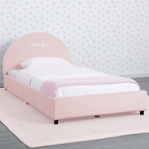 Delta Children Personalized Upholstered Twin Size Bed with Round Headboard, Premium Wood Slat Support, No Box Spring Needed, Easy Assembly, Pink/Velvet Piping