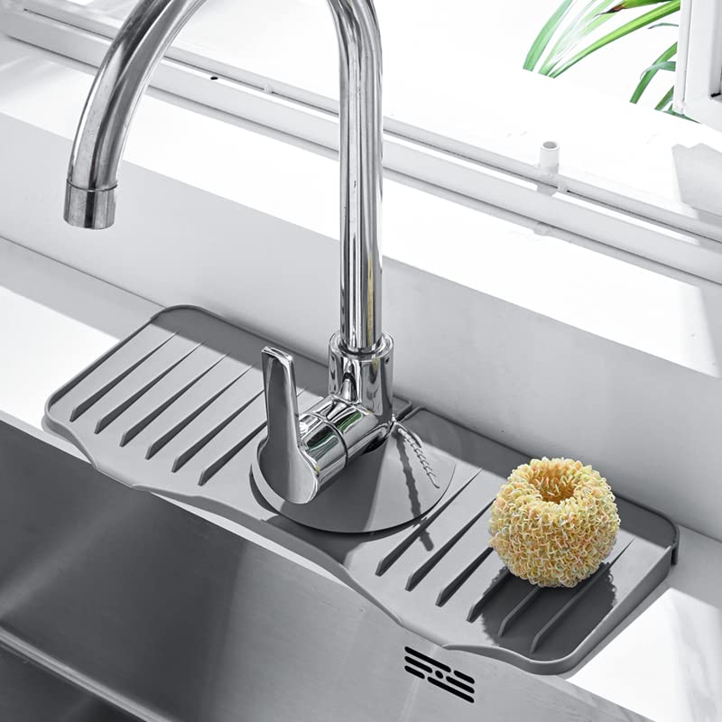 bepinkind Silicone Faucet Splash Guard-[Upgrade Steeper Slope],Silicone Faucet Water Catcher Mat, Silicone Sink Mat for Kitchen/Bathroom,Silicone Faucet Mat Sink Water Splash Guard. (Vertical-White)