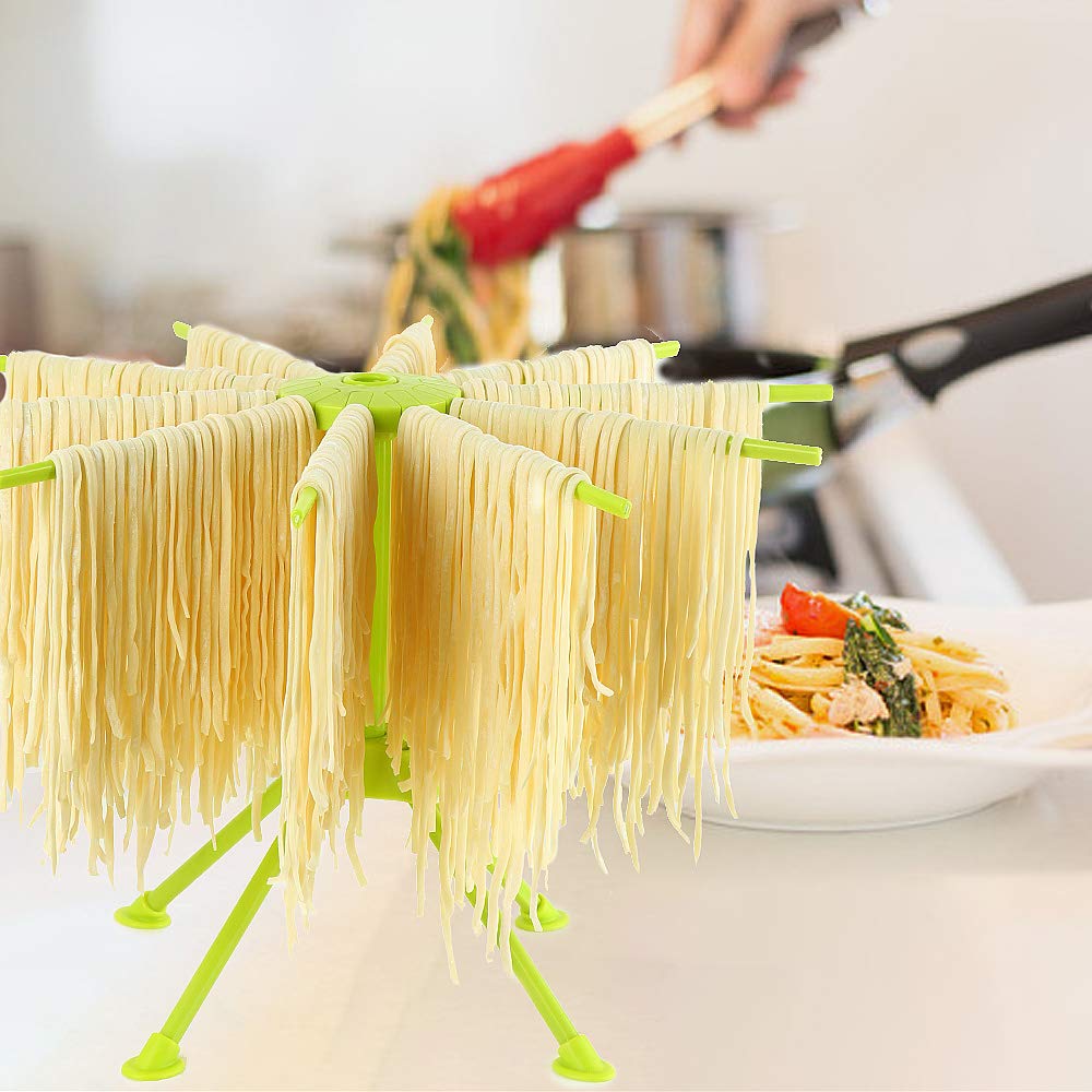 Cambom Foldable Pasta Drying Rack- Plastic Spaghetti Noodle Dryer with 10 Bar Handles Green