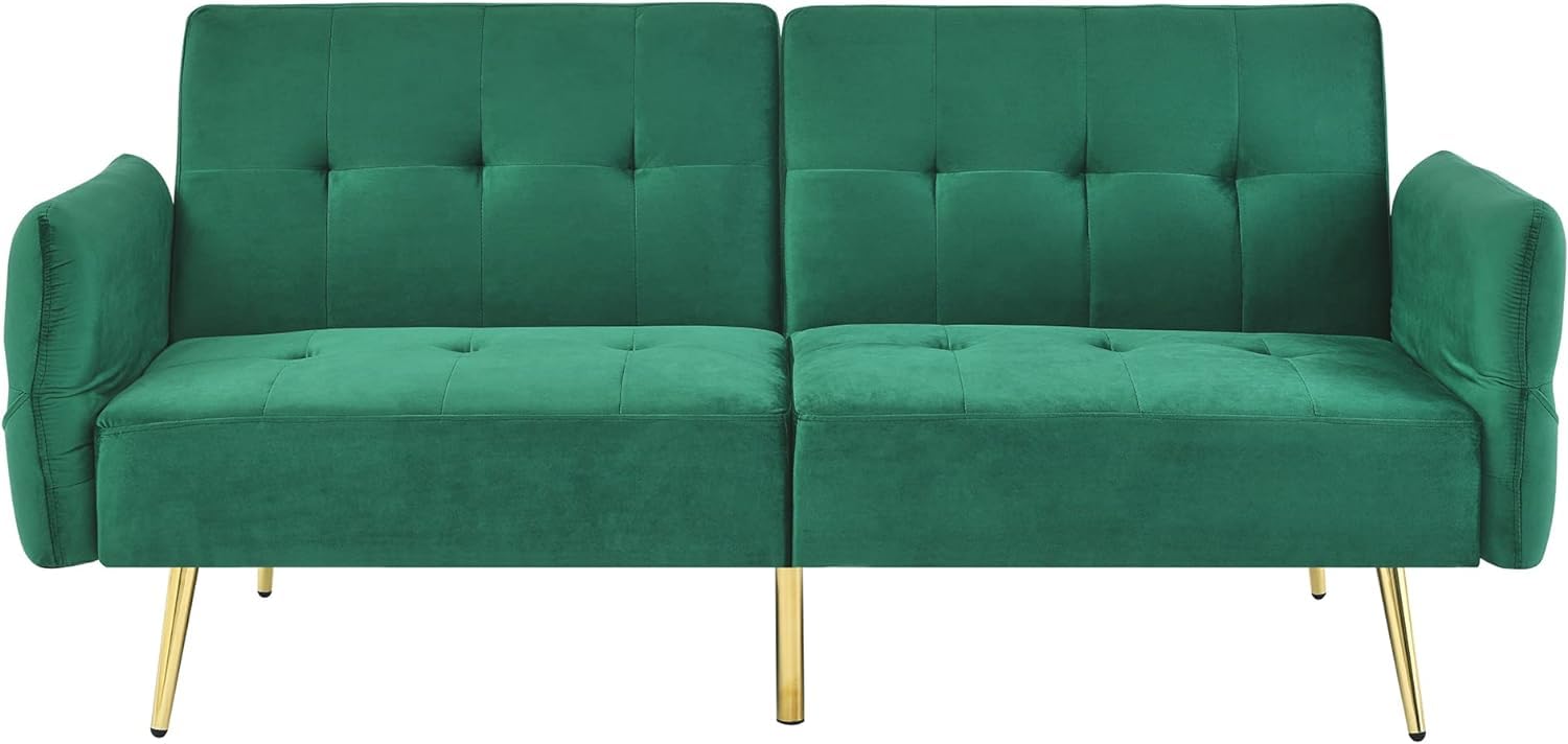 WinJoy Convertible Futon Sofa Bed with Folded Arms, Multi-Functional Velvet Sleeper Bed Reversible Couches with Storage and Adjustable Backrest, Armrests for Living Room, Apartment, Small Space Green