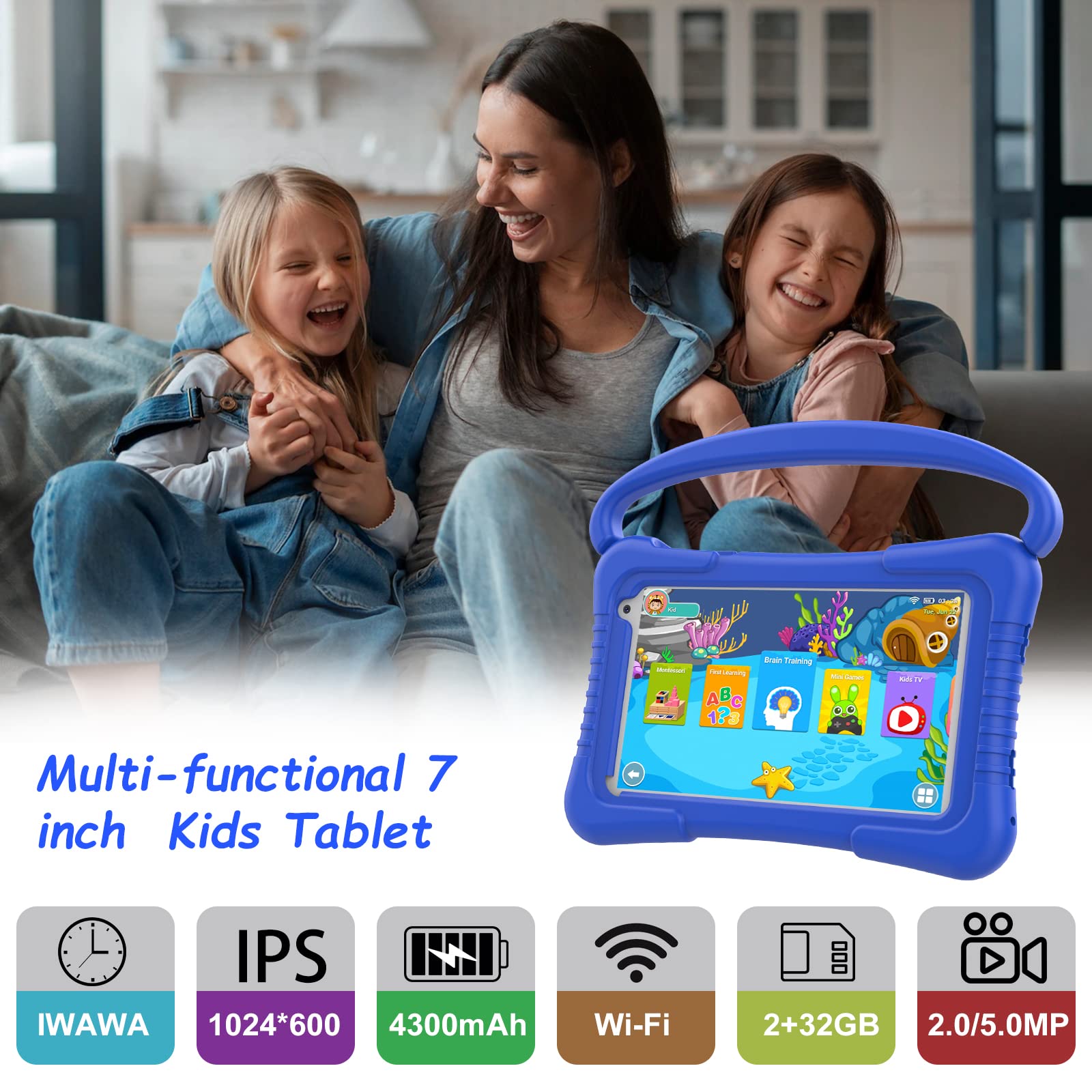 ATOZEE Kids Tablet 7 inch, Android 11 Toddler Tablets, Tablet for Kids 32GB Storage 2GB RAM, 1024x600 IPS HD Touchscree, Quad-Core Processor with WiFi Bluetooth Dual Camera (Blue)
