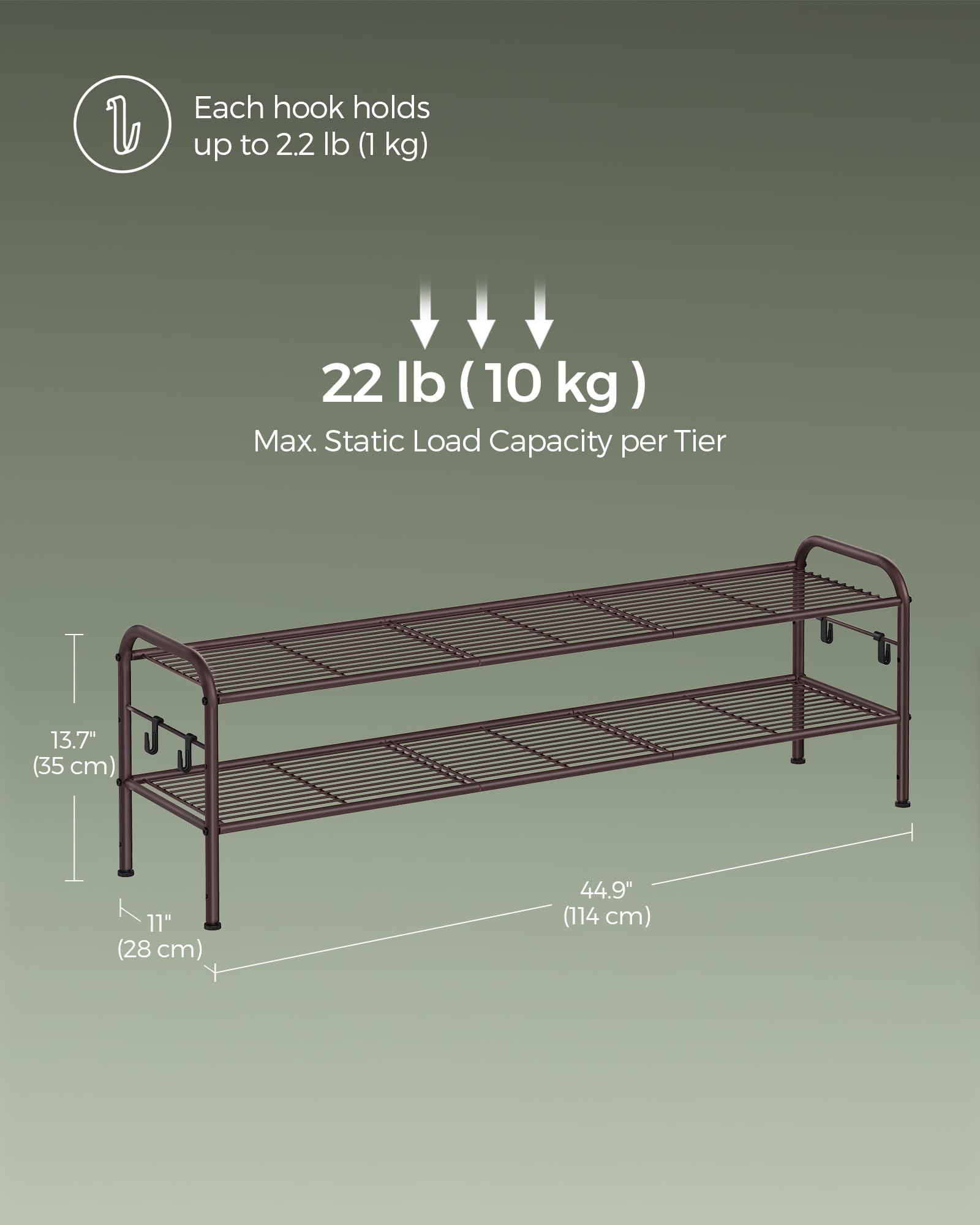 SONGMICS Shoe Rack, 2-Tier Shoe Organizer, Metal Shoe Shelf Storage with 4 Side Hooks, Holds 12 Pairs of Shoes, Height-Adjustable Shoe Rack for Entryway, Hallway, Closet, Easy Assembly, Chestnut Brown