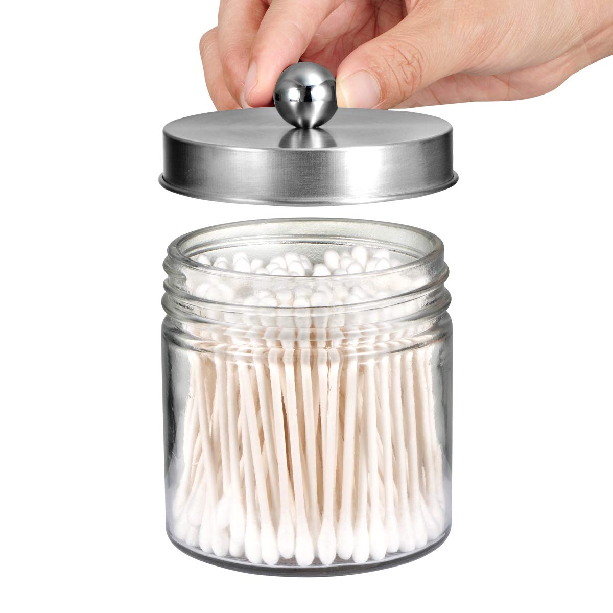 Bathroom Vanity Glass Storage Organizer Holder Canister Apothecary Jars for Cotton Swabs, Rounds, Balls, Qtips,Makeup Sponges, Flossers,Bath Salts - 2 Pack, Clear (Brushed Nickel)