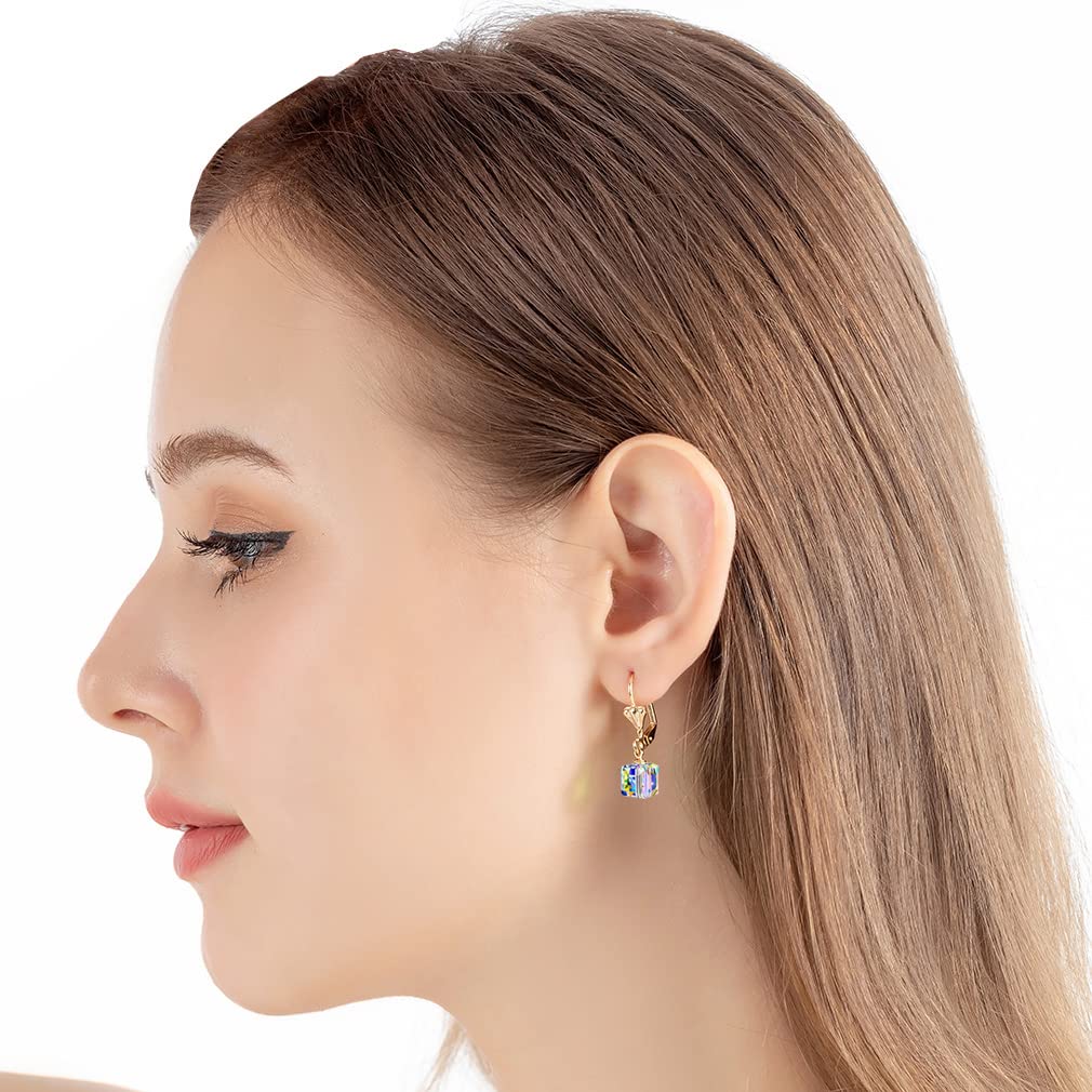 Austrian Crystal Cube Drop Earrings for Women Leverback Dangle Earrings 14K Gold Plated Hypoallergenic Jewelry (Aurora Borealis)