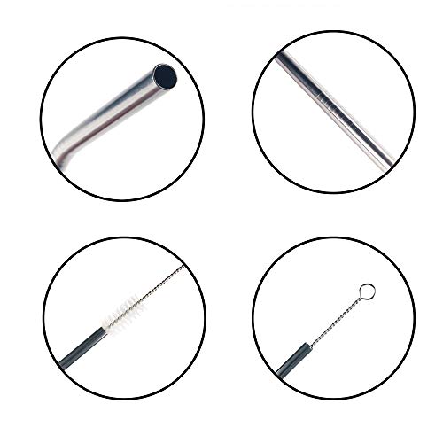 BambooMN Reusable Stainless Steel Metal Drinking Straws - 8" Bent Straws w/ 1x Cleaning Brush - 6 Pack
