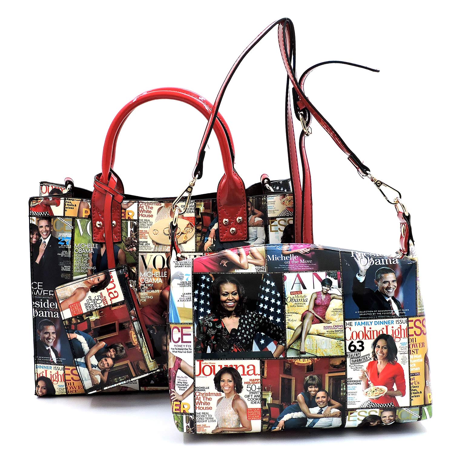 Glossy magazine cover collage crossbody bag purses Michelle Obama mini handbag 3pcs set (MULTI/RED)