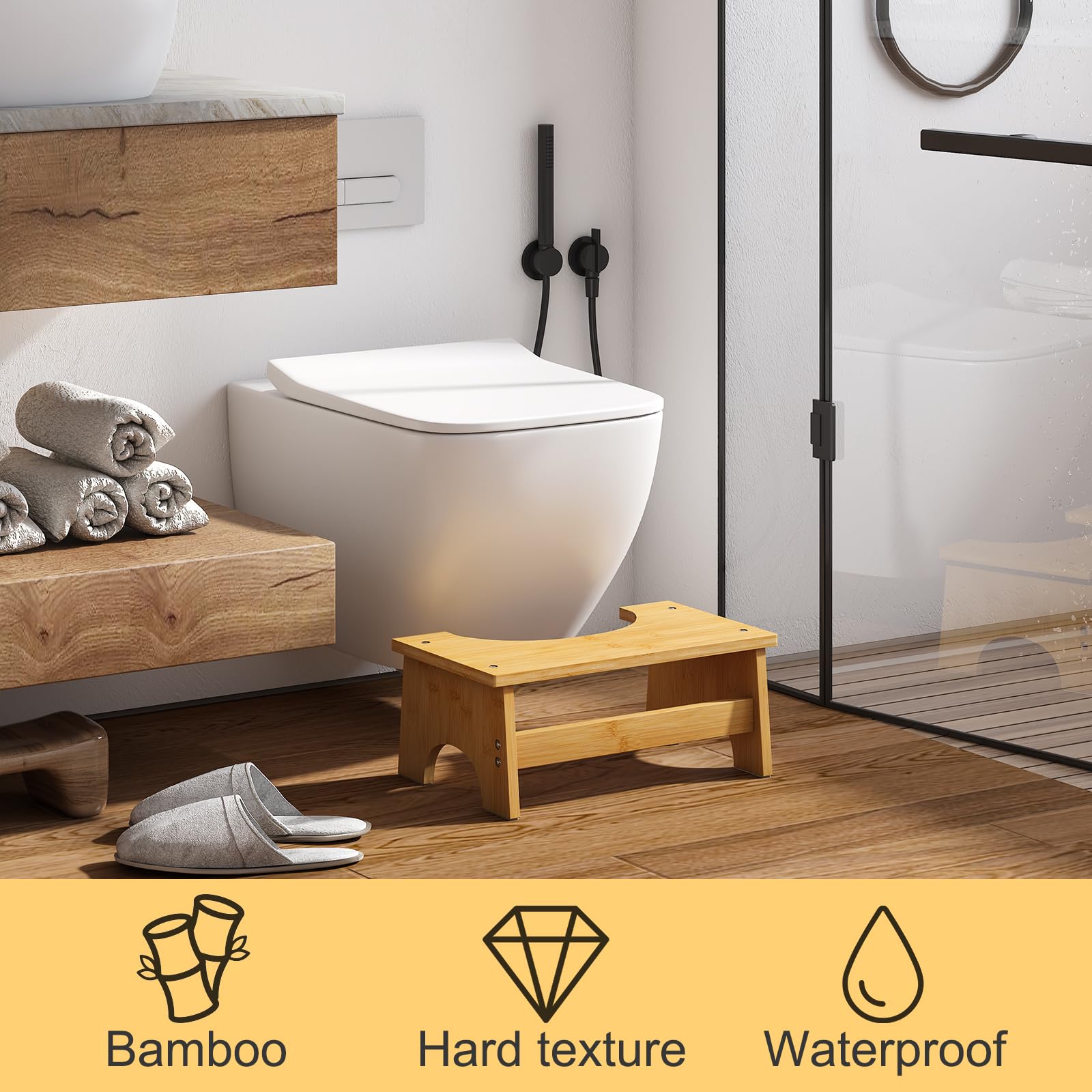 Bamboo Toilet Stool Poop Stool for Adults, Step Stool,Poop Stool for Bathroom, Waterproof and Non Slip Squat Stool Adult Bamboo Toilet Stool (6.7ββH)