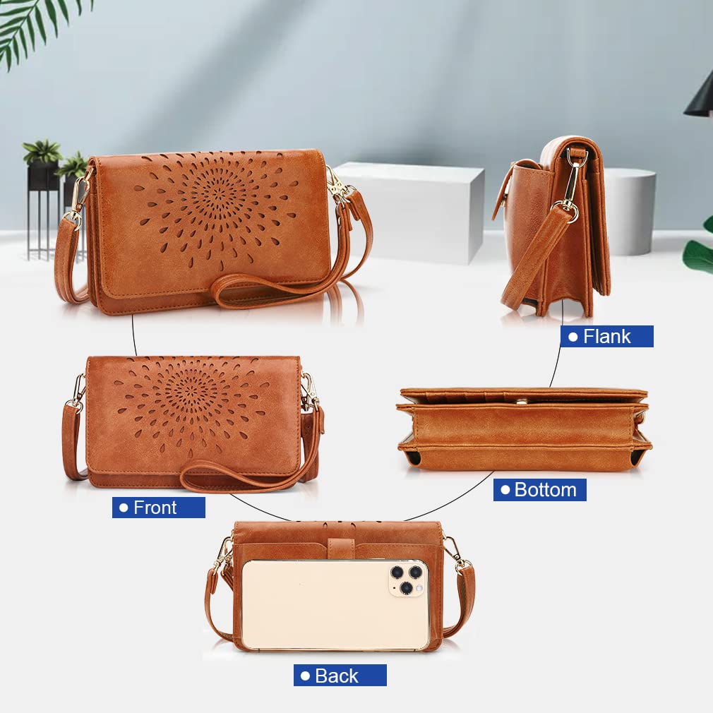 APHISON Multi-Function Small Crossbody Bags For Women,Cell Phone Shoulder Bag,Clutch Purse,RFID Wristlet Wallet,Card Holder Brown