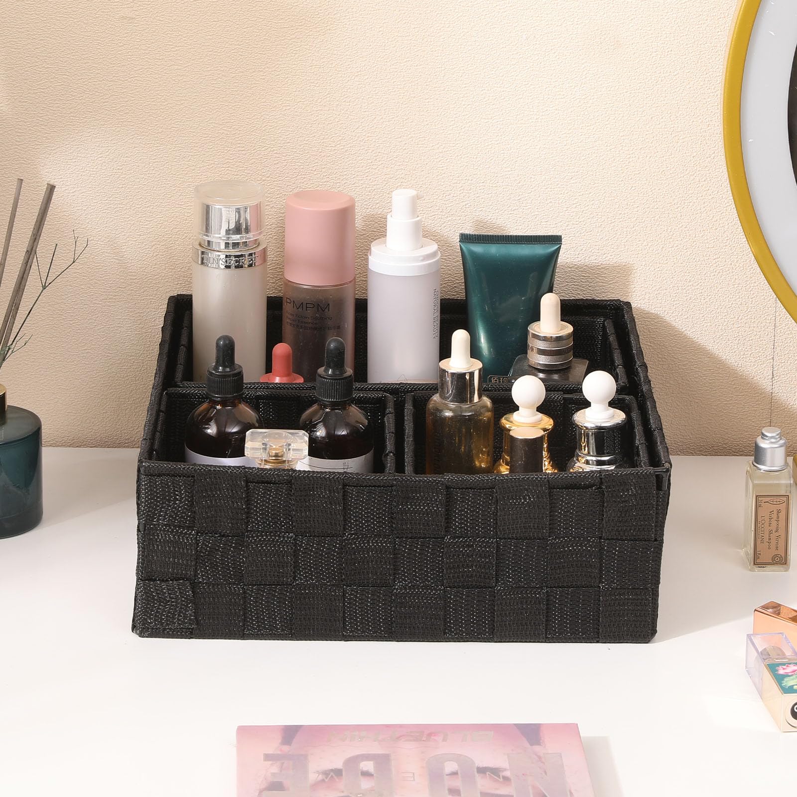 Fboxac Drawer Organizer Bins, Woven Storage Stackable Box Set of 4, Cube Baskets for Organizing Drawers, Shelves, Cabinets, and Dressers (Beige)