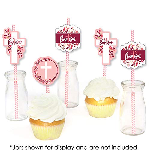 Baptism Pink Elegant Cross - Paper Straw Decor - Girl Religious Party Striped Decorative Straws - Set of 24