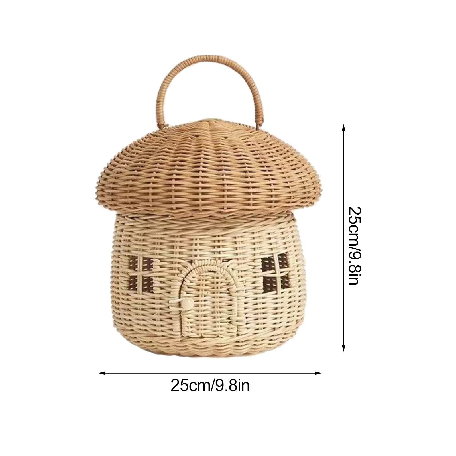 Wnvivi Mushroom Shape Rattan Storage Basket,Hand Woven Wicker Storage Bin with Handle and Lid,Cute Mushroom (25x25cm)