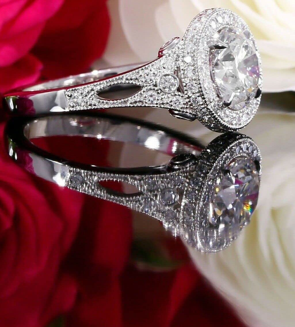 BeBold 2.5ct Round Cut Simulated Diamond CZ Halo Milgrain Engagement Ring for Women White Gold Plated Stylish