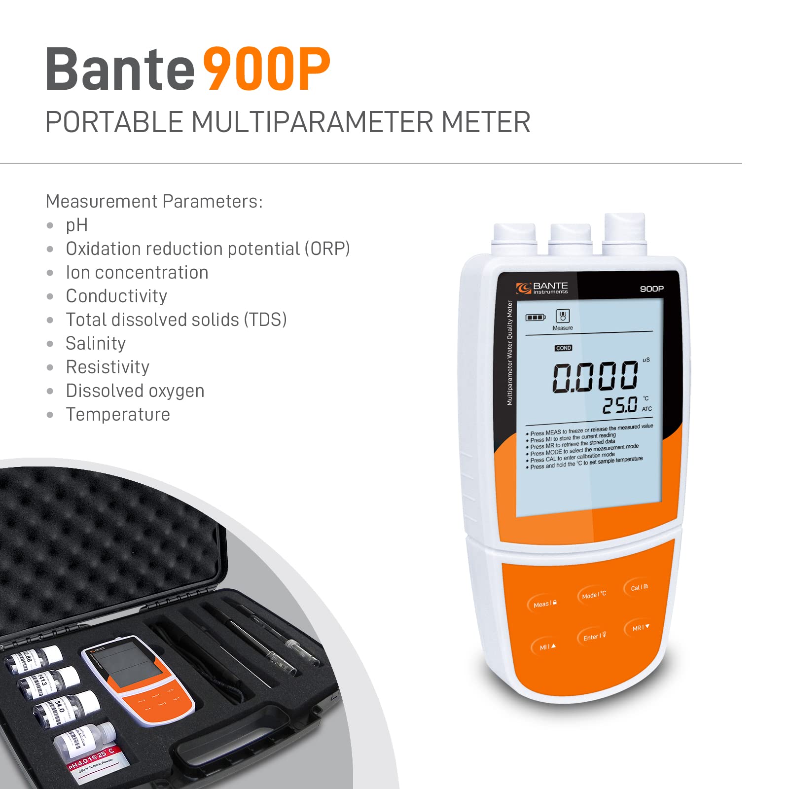 Bante 900P Portable pH/Conductivity/Dissolved Oxygen Meter | Multiparameter Water Quality Meter | for Measuring pH, ORP, Ion, Conductivity, TDS, Salinity, Resistivity, Dissolved Oxygen