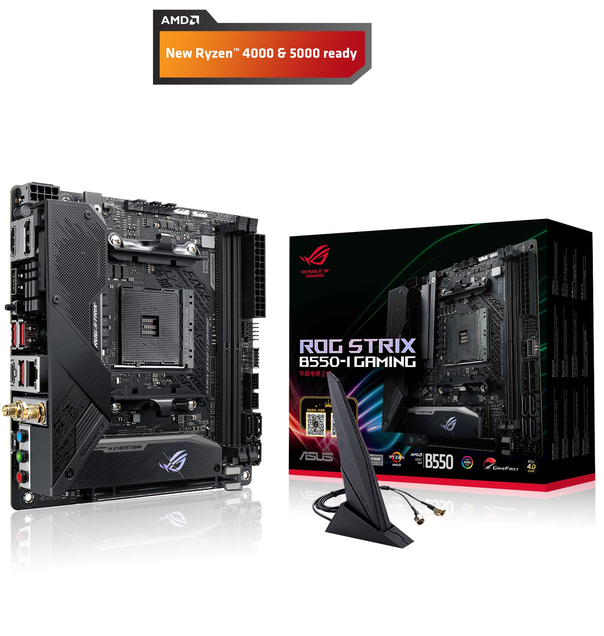 ASUS ROG Strix B550-I Gaming AMD AM4 (3rd Gen Ryzen™) Mini-ITX SFF Gaming Motherboard (PCIe 4.0, WiFi 6, 2.5Gb LAN, DDR4 5100+ (O.C.), Front USB 3.2 Gen 2 Type-C, Addressable Gen 2 RGB and Aura Sync)