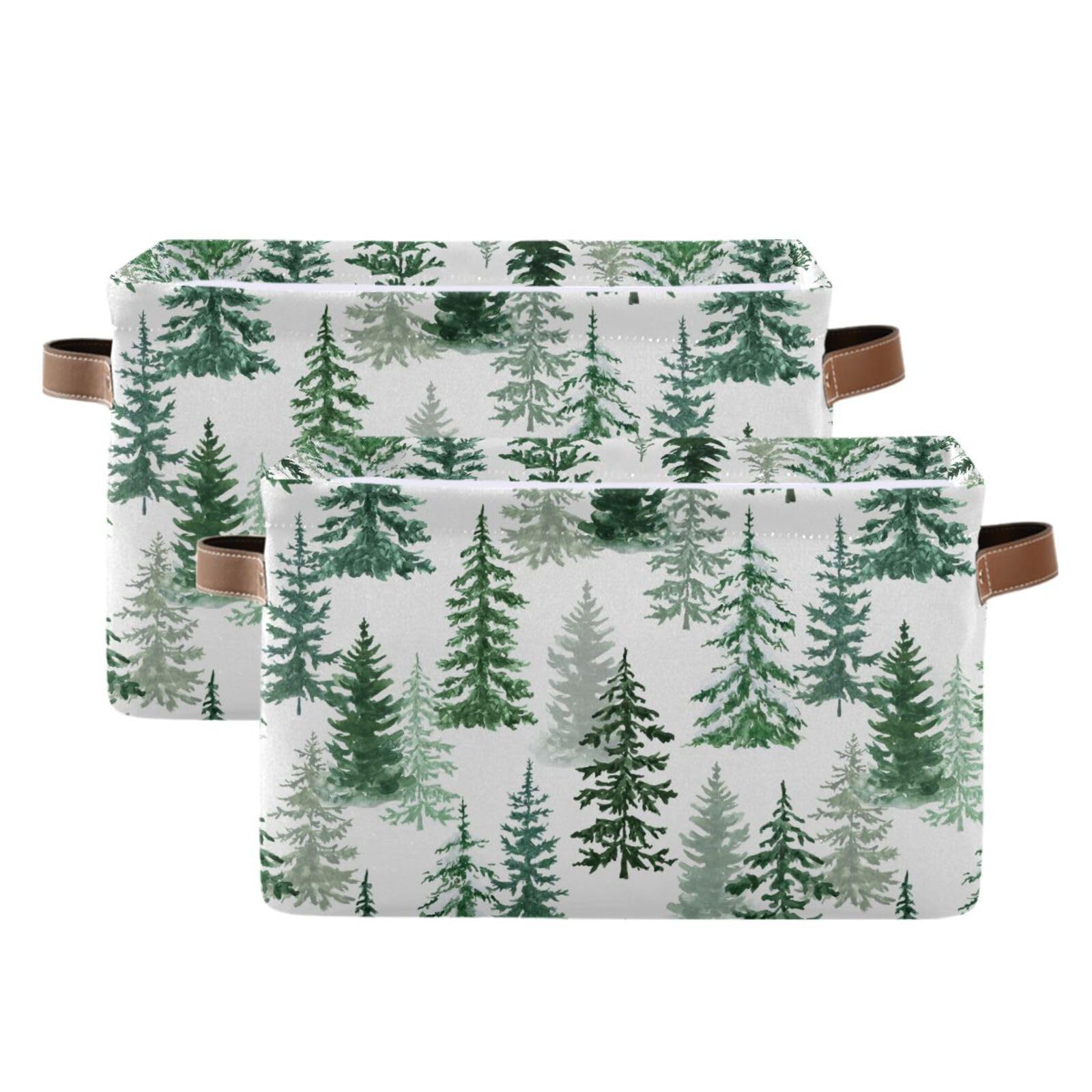 Christmas Square Storage Basket Woodland Rustic Forest Pine Trees Storage Bins Canvas Winter Holiday Xmas Decorations Storage Organizer Closet Shelf Organizer for Home Office, 2 Pc