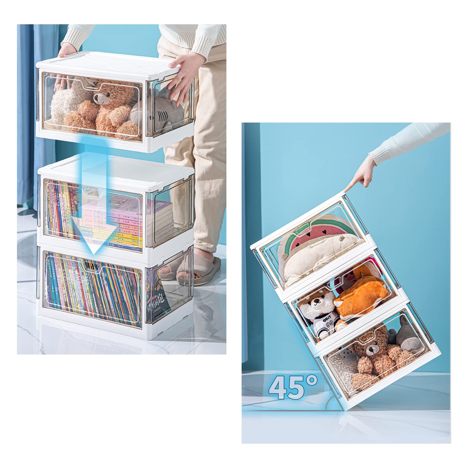 Bemodst Foldable Plastic Door Storage Bins Shoebox With Lids,26Quart Storage Containers, Stackable Storage Plastic Bins for Can Store Snacks, Artifacts Clothing Books Toys - 2PCS (White)