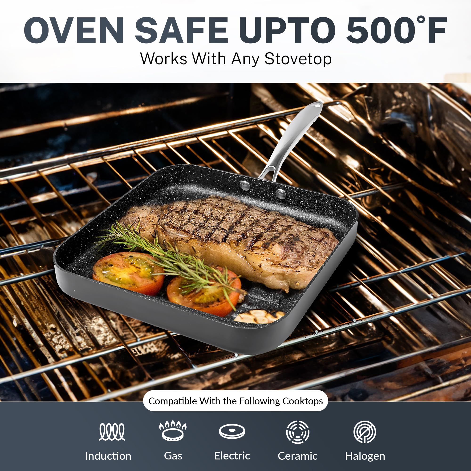 Granitestone 2 Pack Nonstick 10.5” Grill Pan + Flat Griddle Pan for Stove Top with 3x Coated Surface Perfect for Eggs Pancakes Steaks and More, Stove Top Griddle for Gas Grill, Oven Safe, PFOA Free