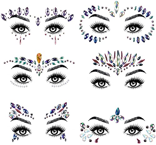 AOMIG Face Gems Glitter, 6 Pcs Rhinestone Face Glitter Stickers, Mermaid Face Jewels Stick On, Crystal Tears Gem Stones Eyes Face Body Temporary Tattoos Stickers for Birthday Party, Rave Makeup