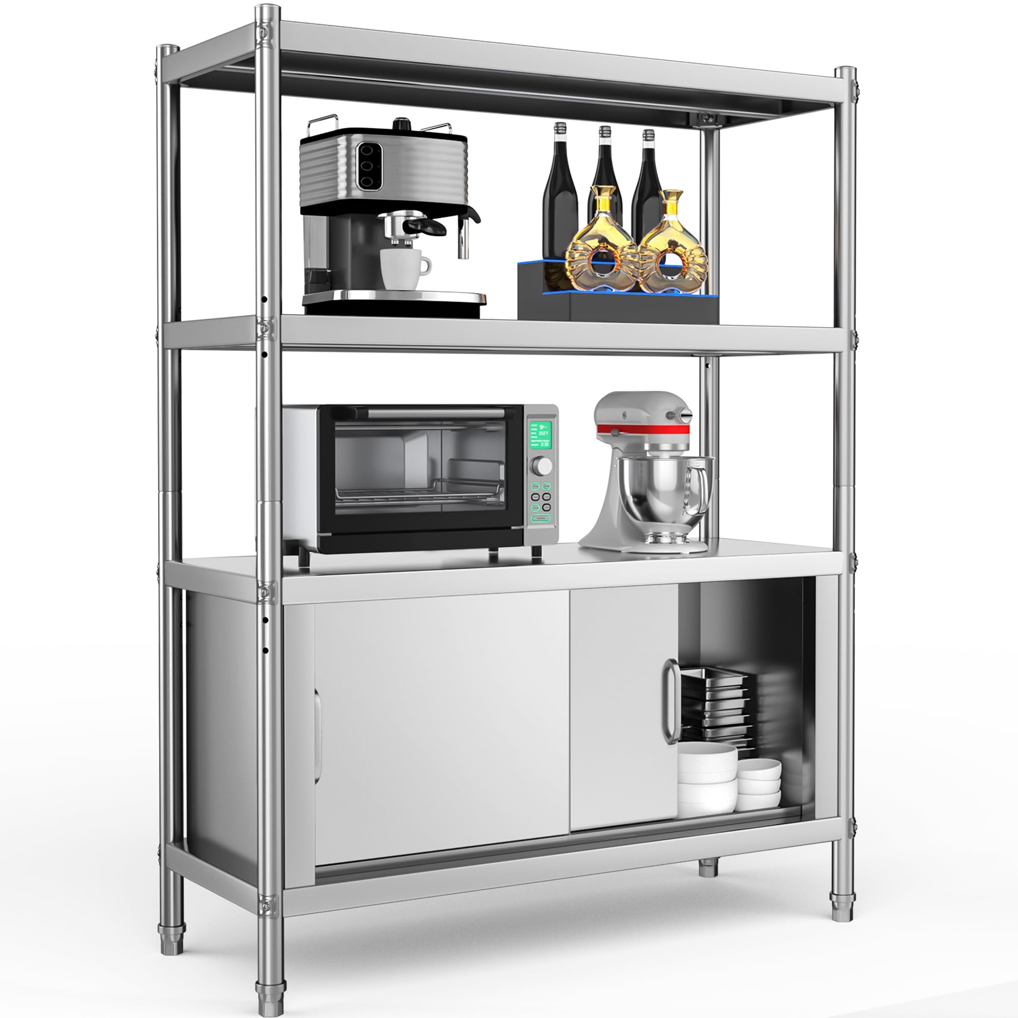 YITAHOME NSF Stainless Steel Shelves, 48"*18"*60" 4 Tier Storage Shelf with Cabinet, Heavy Duty Shelving for Kitchen Garage Office Restaurant Warehouse, 201 Bright Silver