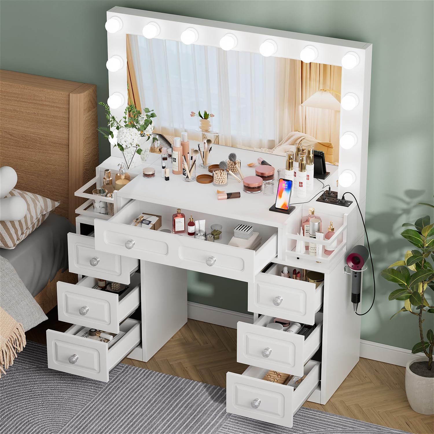 FURNJOYLIFE Farmhouse Makeup Vanity Desk with Lighted Mirror & Power Outlet, Vanity Dresser Table with 3 Lighting Modes Brightness Adjustable,7 Drawer,2 Shelves,Hair Dryer Stand for Bedroom,White