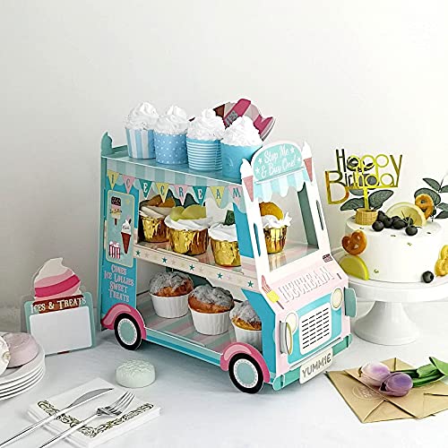 BalsaCircle 16-Inch Blue with Pink 3 Tier Cardboard Ice Cream Truck Cupcake Dessert Stand Wedding Party Events Decorations Supplies