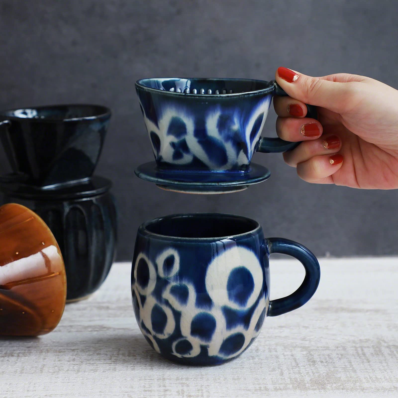 Asayu Japan Ceramic Coffee Pour Over Maker Set in Ocean Blue Color, Slow Brewing Paper Filter Holder and Dripper with 3 Holes for Coffee and Tea - Coffee Dripper Cone
