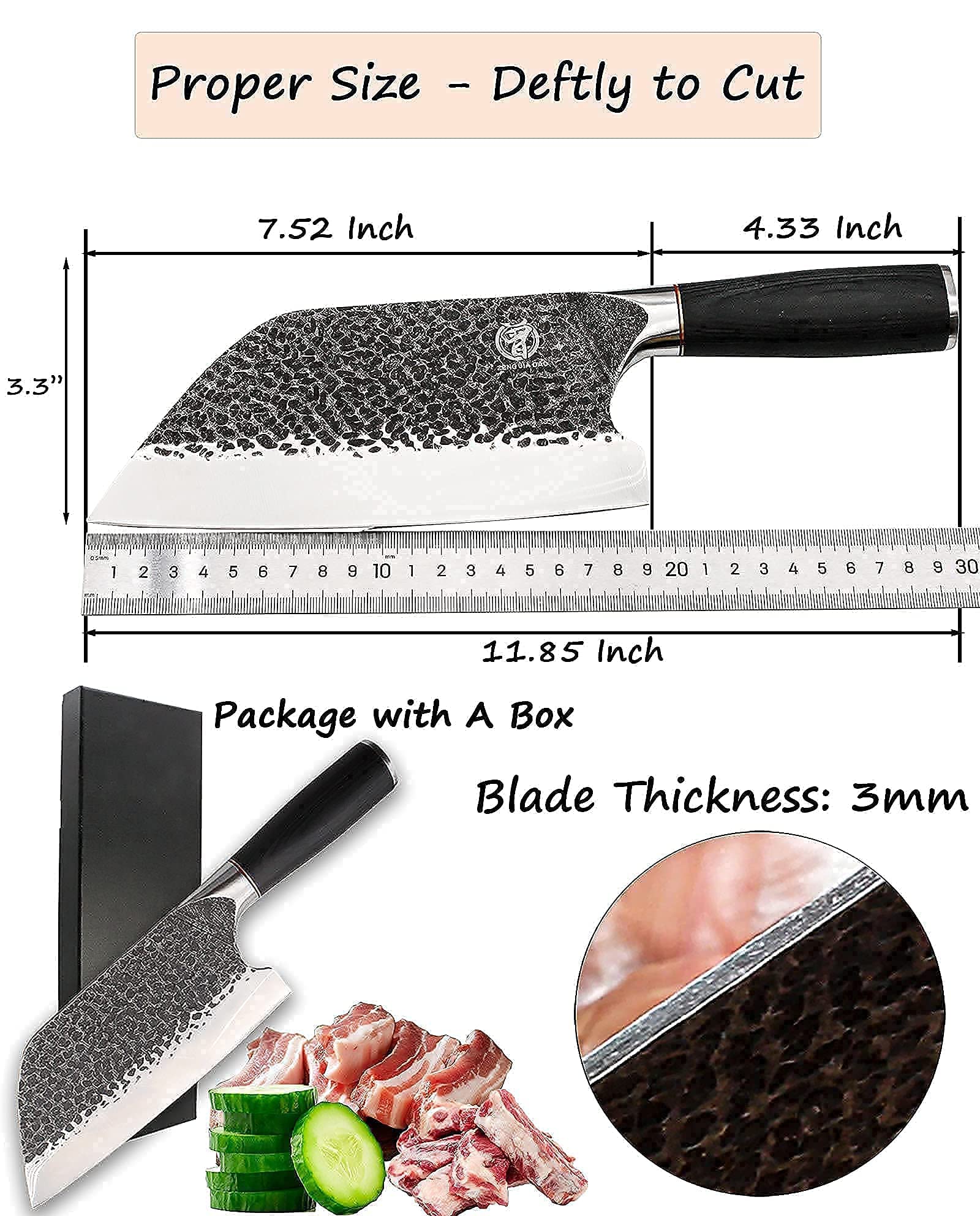 Authentic Serbian Chefs Knife - 7.5'' Full Tang Cleaver Knife - Razor Sharp High Carbon Steel - Rivet Pakka wood Handle for Kitchen fine cut