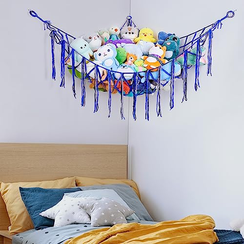 Basumee Stuffed Animals Net or Hammock Toy Storage Organizer Toy Hammock Hanging Stuffed Animals Storage Holder with Tassels for Nursery Kids Bedroom Room Wall Décor, Blue