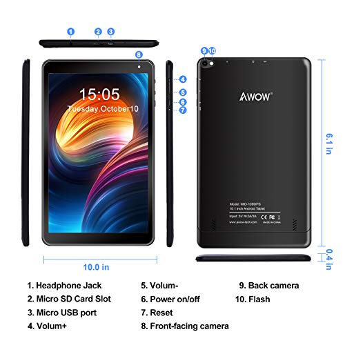 AWOW Tablet 10.1 inch Android Tablet, 1.5GHz Quad Core, 2GB RAM, 16GB ROM, 1280 x 800 HD IPS, 0.3MP & 2MP Camera, Android 10(Go Edition), 2.4G WiFi, Bluetooth 4.0, 5000mAh Battery Capacity