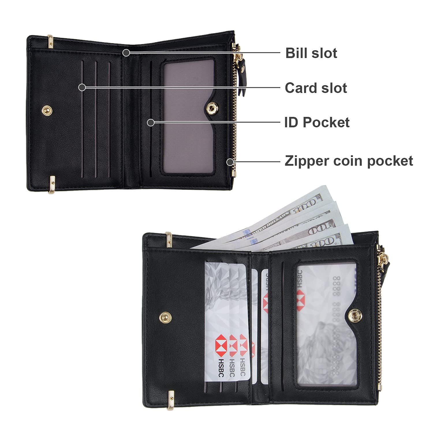 SUKUTU Ladies Purse, Women's Wallet PU Leather Wallet Small Bifold Womens Wallet Card Holder Zipper Coin Purse, Black, One Size