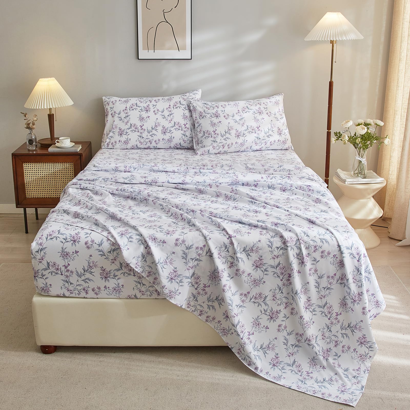 VClife Modern Girl Floral Printed Sheets Cooling Soft Washed Microfiber Pink Green Floral Branches King Size Bed Sheets 16" Extra Deep Pocket Design Bedding Sets - Shrink Resistant, Skin-Friendly