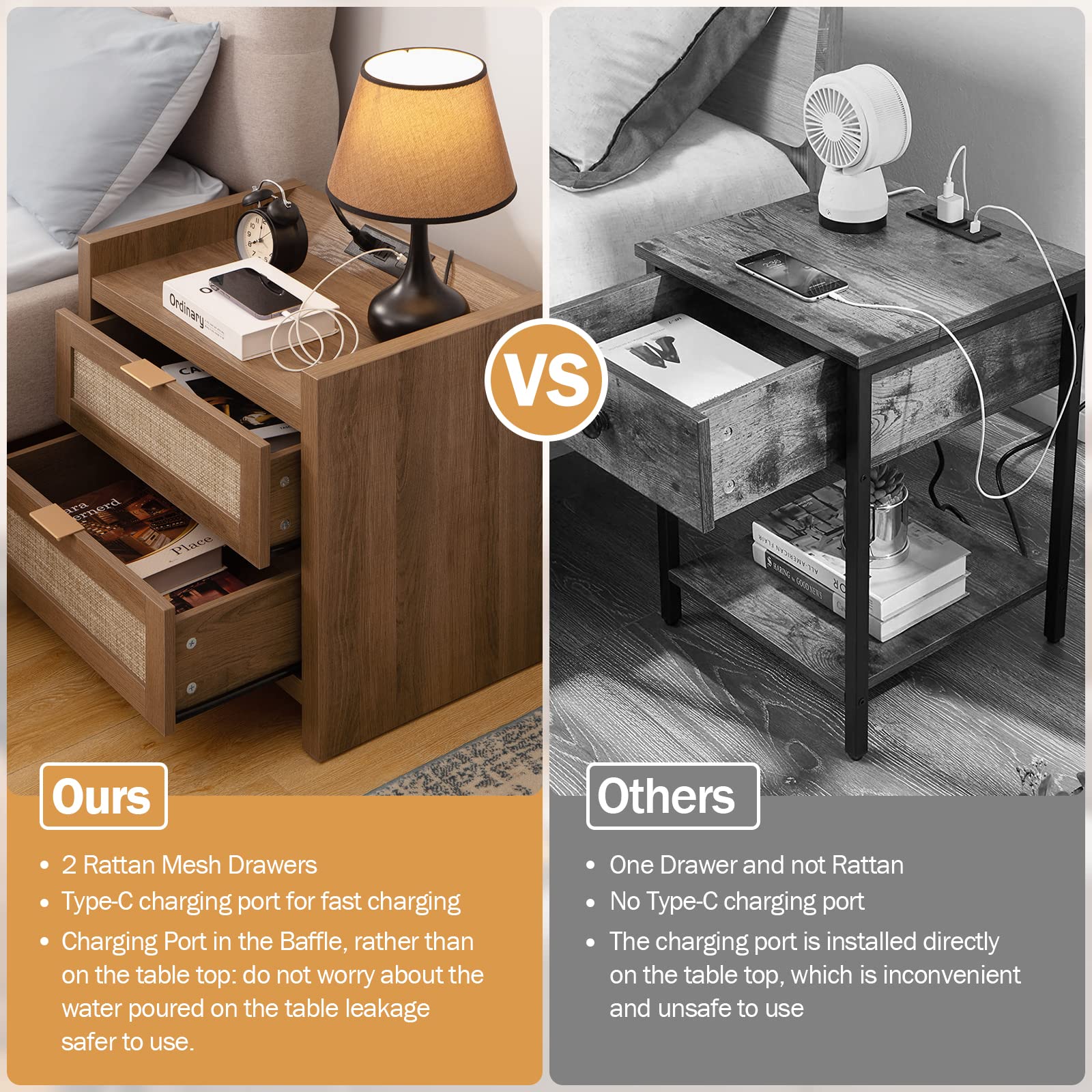SICOTAS Night Stand Set of 2 - Rattan Nightstands with Type-C Charging Station, 2 Rattan Drawers - Boho Wood Bed Side End Table for Small Space - Natural Oak