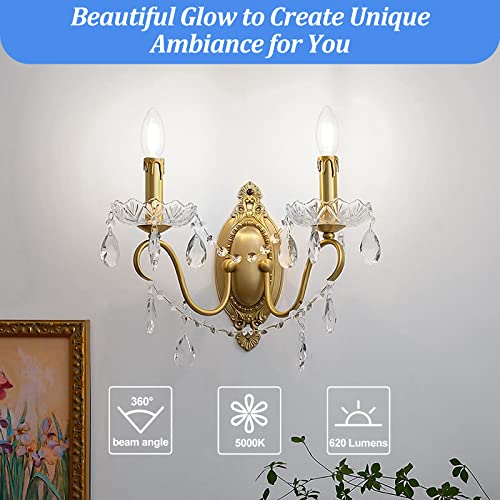 Brightever E12 Candelabra LED Light Bulbs 60 Watt Equivalent, 620 Lumen 6W Clear LED Filament Candle Bulbs, Daylight White 5000K Non-Dimmable Chandelier Light Bulbs for Ceiling Fan, Pack of 5