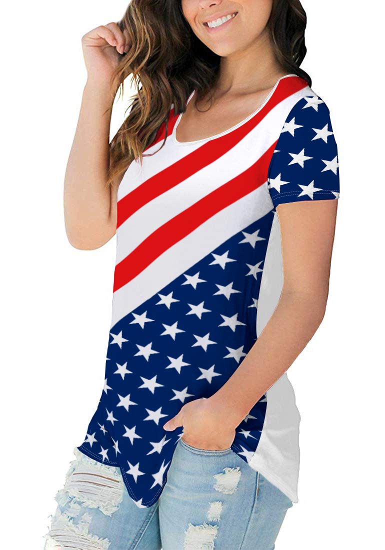 American Flag Shirt Women July 4th T Shirts Short Sleeve Summer Tops Scoop Neck L