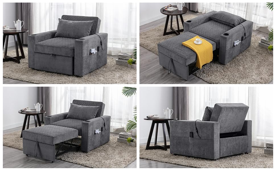 Centilab Sleeper Chair, 3 in 1 Convertible Chair Sleeper with Massage and Heat Pillow, Adjustable Recliner Chair Multi-Functional Massage Chair Recliner for Drawing Room,Bedroom, Office (Grey)