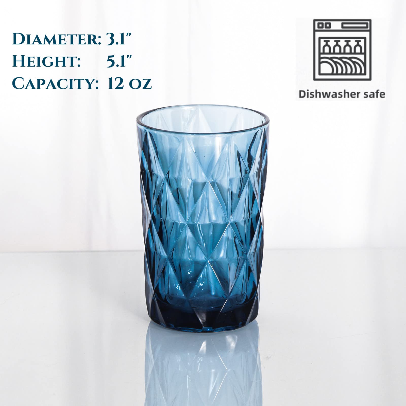 Bandesun Drinking Glass set of 6 Modern Glassware Diamond Pattern Tumbler Cup(12 OZ),for Water,Cocktail,Milk,Juice and Beverage