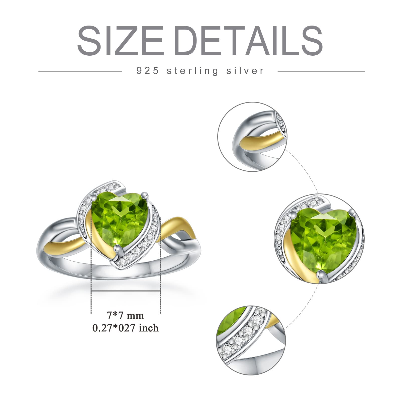 Althum 7MM Genuine Peridot Ring 925 Sterling Silver Heart Shaped Green Peridot Engagement Ring for Women (Size 6)